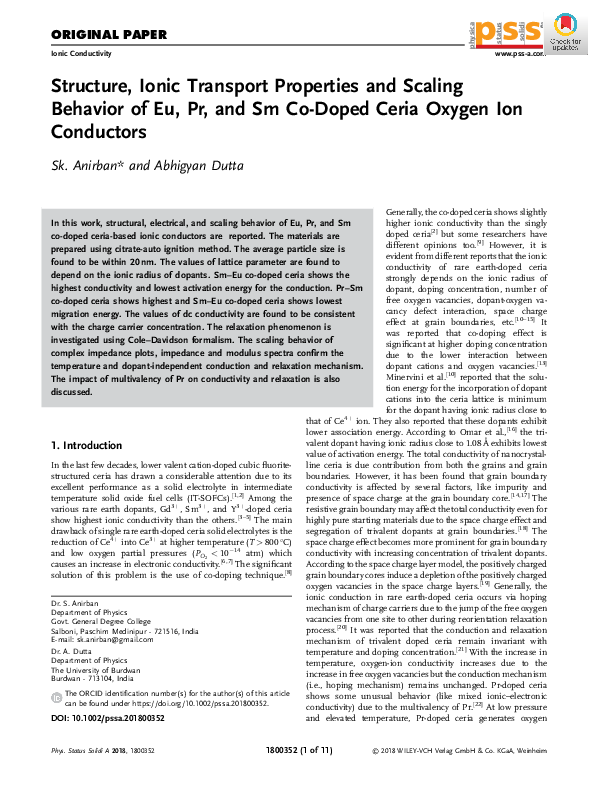 (PDF) Ionic Transport and Scaling in Co-Doped Ceria Conductors