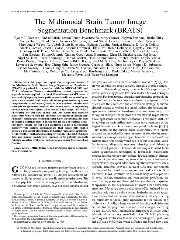 (PDF) Multimodal Benchmark for Brain Tumor Image Segmentation