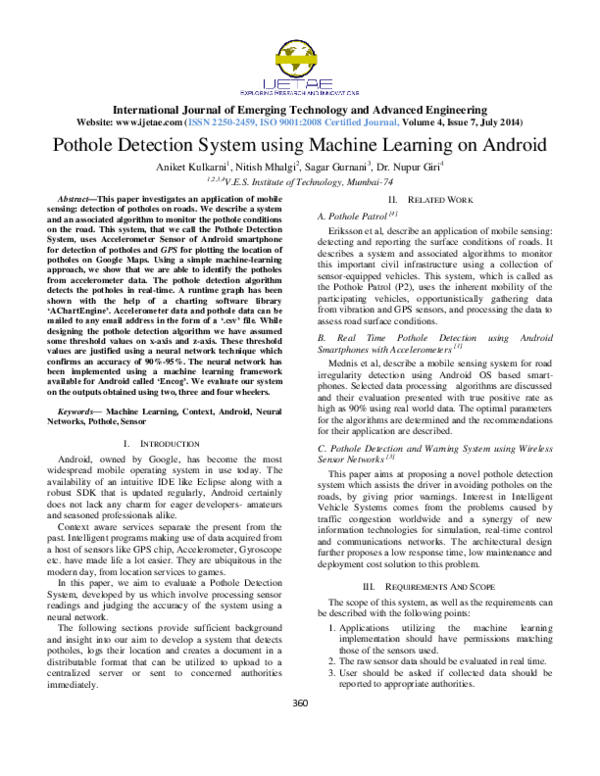 (PDF) Pothole Detection System using Machine Learning on Android | ABC XYZ - Academia.edu