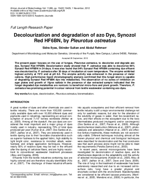 (PDF) Decolourization and degradation of azo Dye, Synozol Red HF6BN, by ...