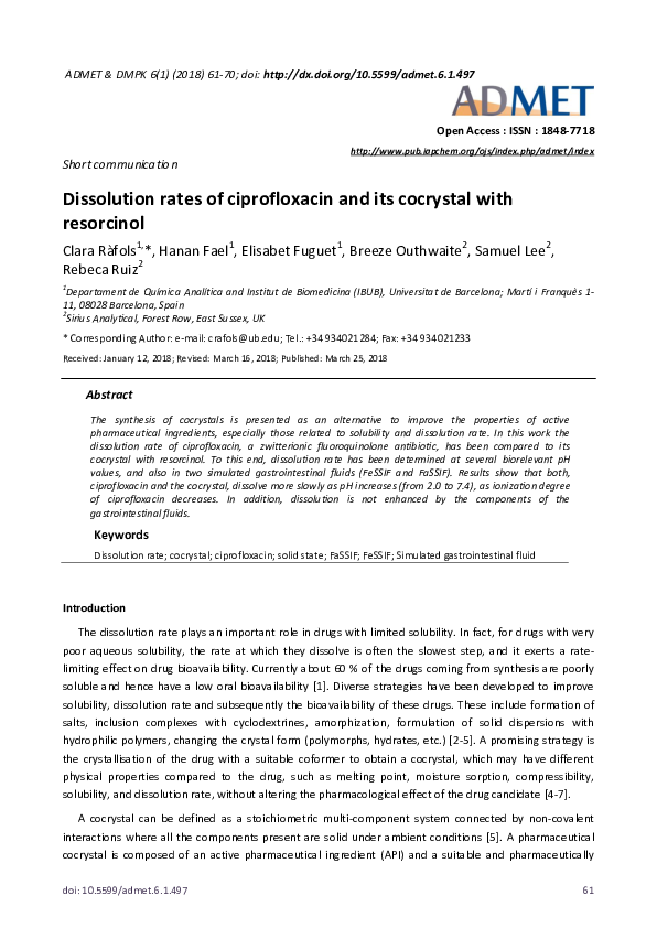(PDF) Dissolution rate of ciprofloxacin and its cocrystal with resorcinol | Clara Ràfols ...