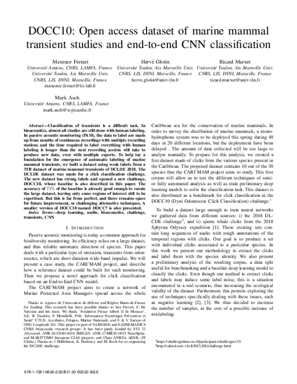 (PDF) DOCC10: Open access dataset of marine mammal transient studies and end-to-end CNN ...