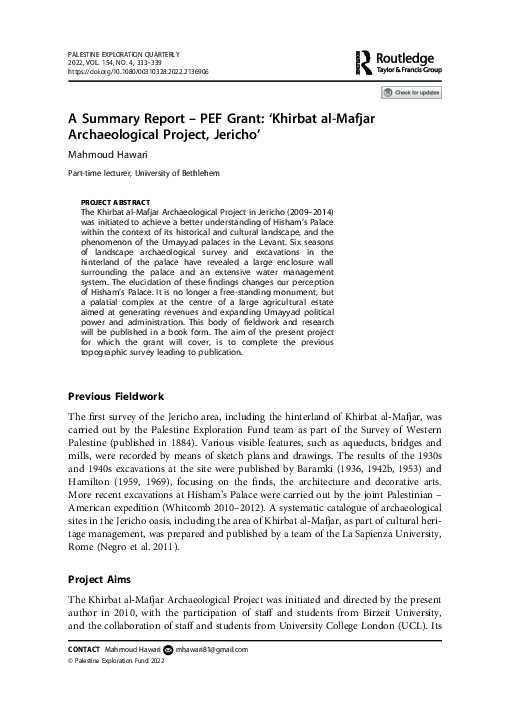 (PDF) A Summary Report -PEF Grant: 'Khirbat al-Mafjar Archaeological Project, Jericho'