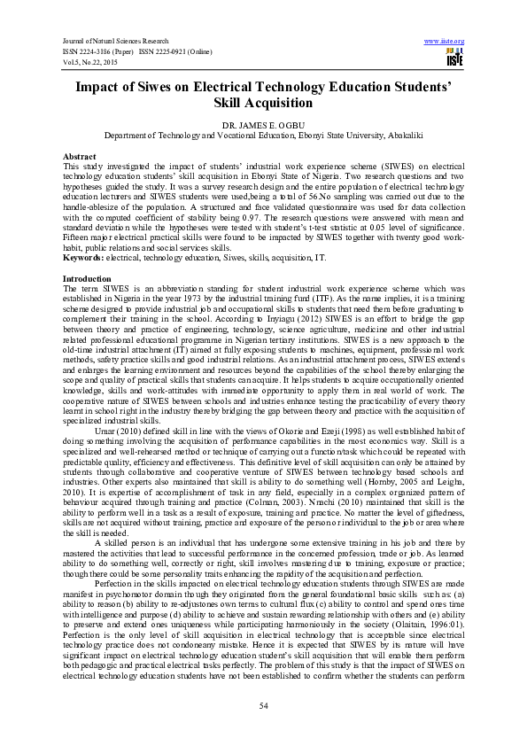 (PDF) Impact of Siwes on Electrical Technology Education Students ...