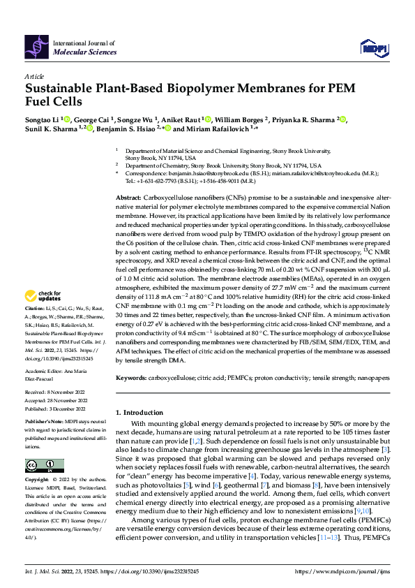 (PDF) Sustainable Plant-Based Biopolymer Membranes for PEM Fuel Cells