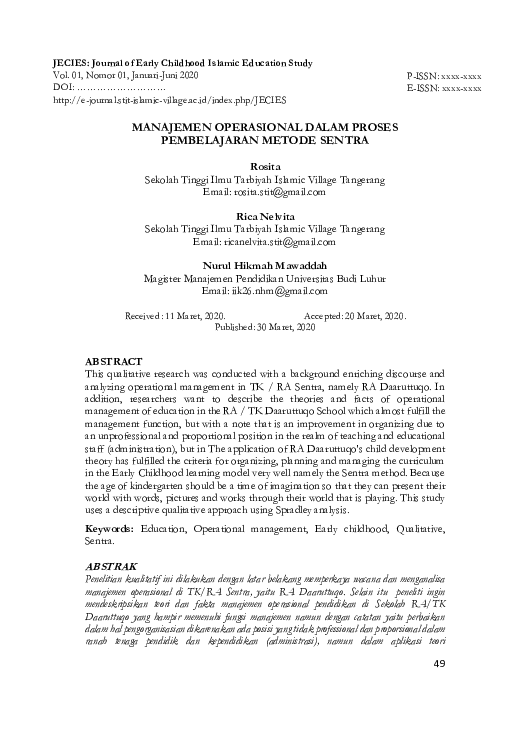 (PDF) Manajemen Operasional Dalam Proses Pembelajaran Metode Sentra