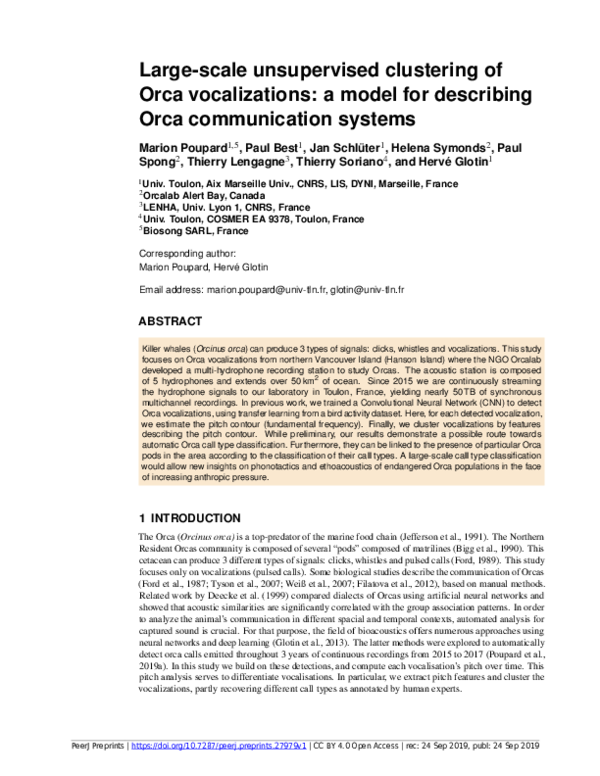 (PDF) Large-scale unsupervised clustering of Orca vocalizations: a ...