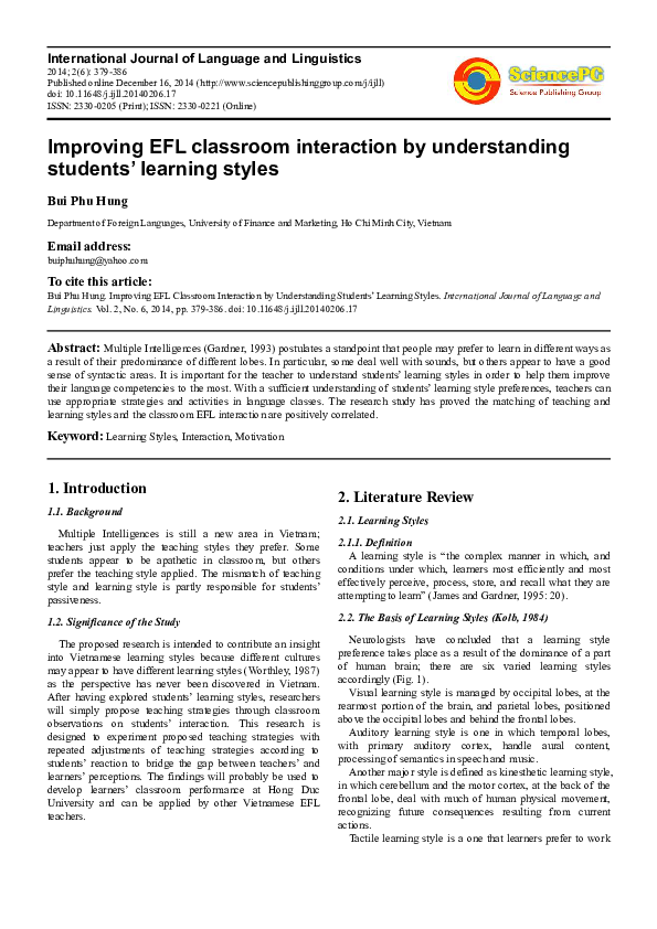 (PDF) Improving EFL Classroom Interaction by Understanding Students’ Learning Styles
