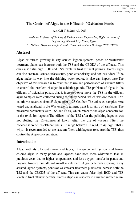 (PDF) The Control of Algae in the Effluent of Oxidation Ponds