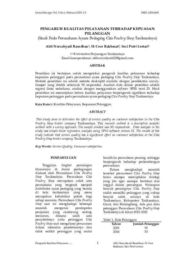 (PDF) PENGARUH KUALITAS PELAYANAN TERHADAP KEPUASAN PELANGGAN (Studi Pada Perusahaan Ayam ...