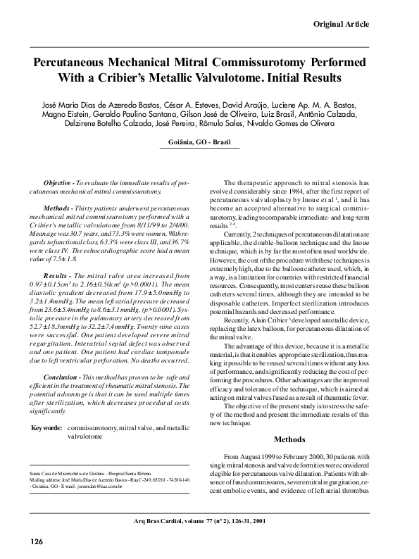 (PDF) Percutaneous mechanical mitral commissurotomy performed with a ...