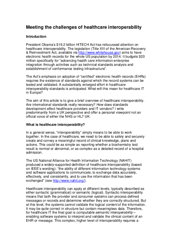 (PDF) Meeting the challenges of healthcare interoperability