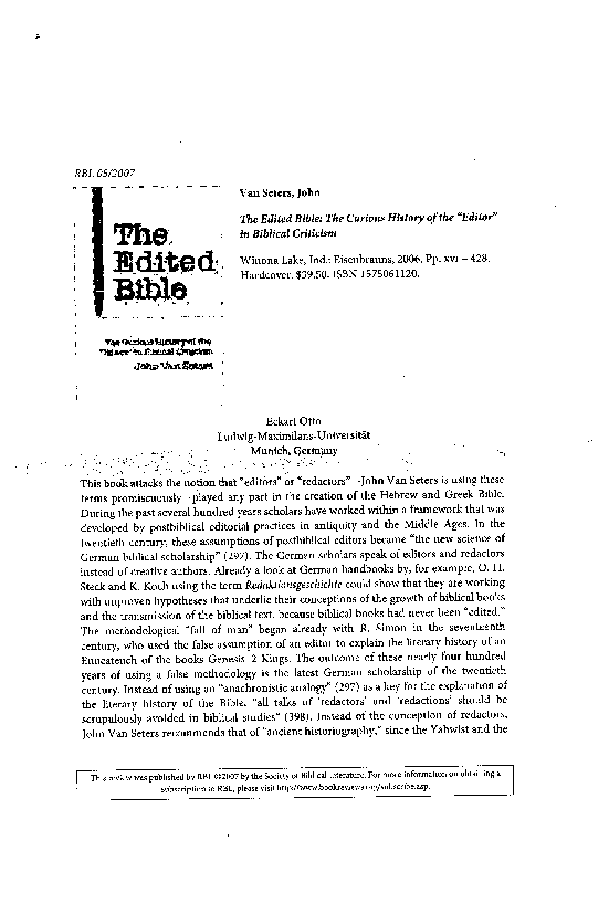 (PDF) Eckart Otto, Review of John Van Seters, The Edited Bible.The ...