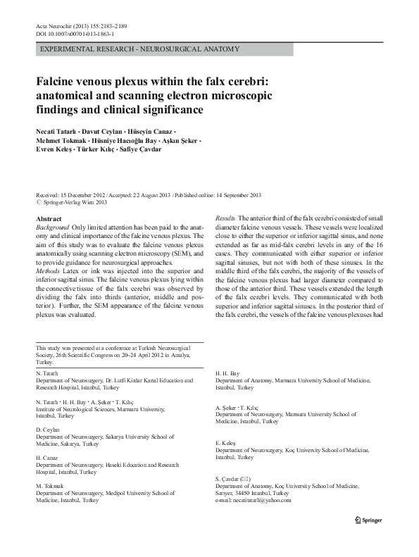 (PDF) Falcine venous plexus within the falx cerebri: anatomical and ...