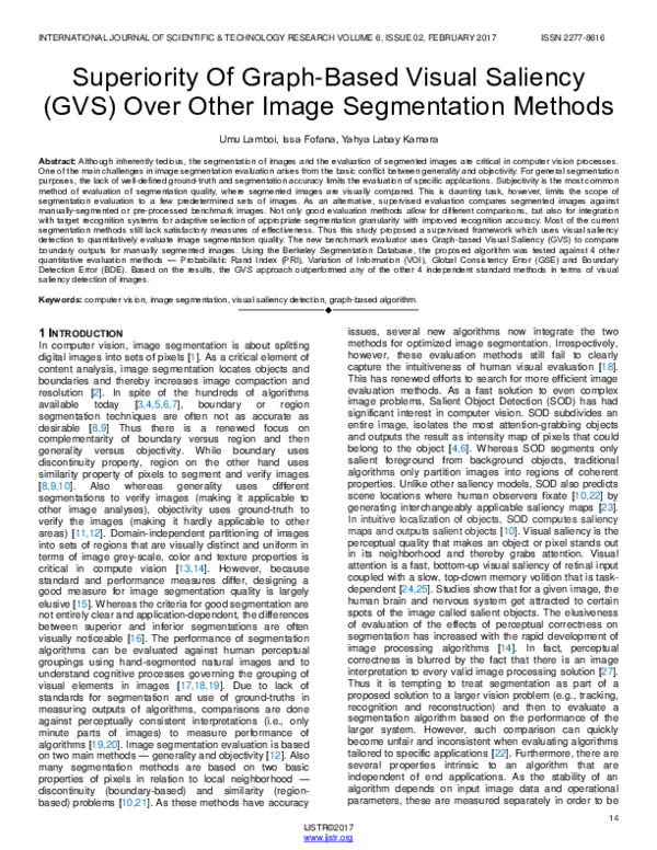 Pdf Superiority Of Graph Based Visual Saliency Gvs Over Other Image Segmentation Methods 