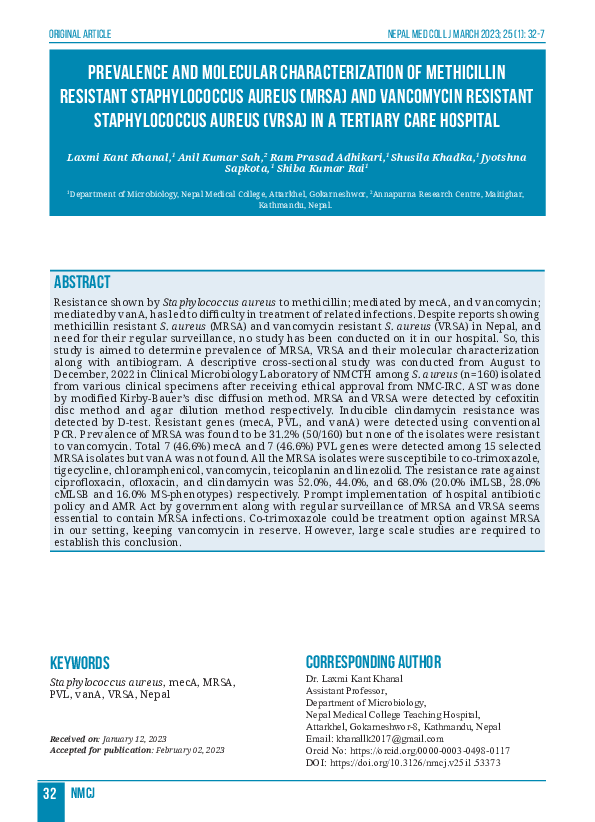 Pdf Prevalence And Molecular Characterization Of Methicillin Resistant Staphylococcus Aureus