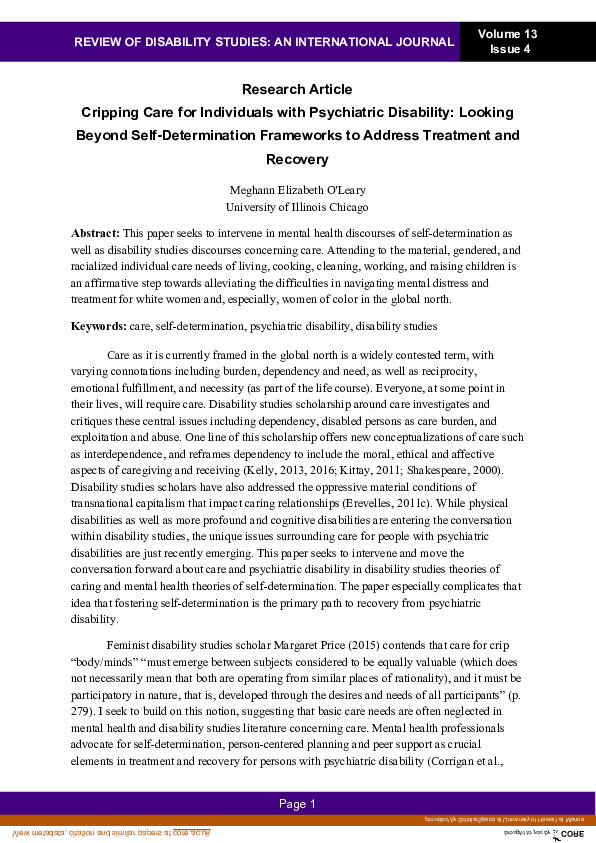 (PDF) Cripping Care for Individuals with Psychiatric Disability: Looking Beyond Self ...