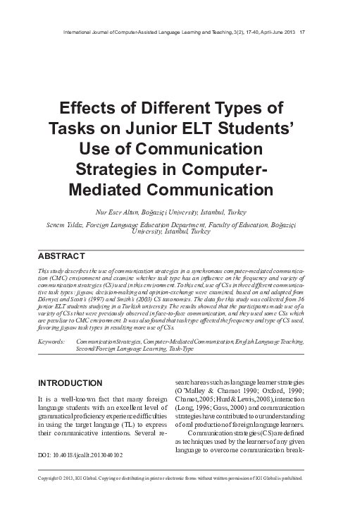 (PDF) Effects of Different Types of Tasks on Junior ELT Students’ Use of Communication ...