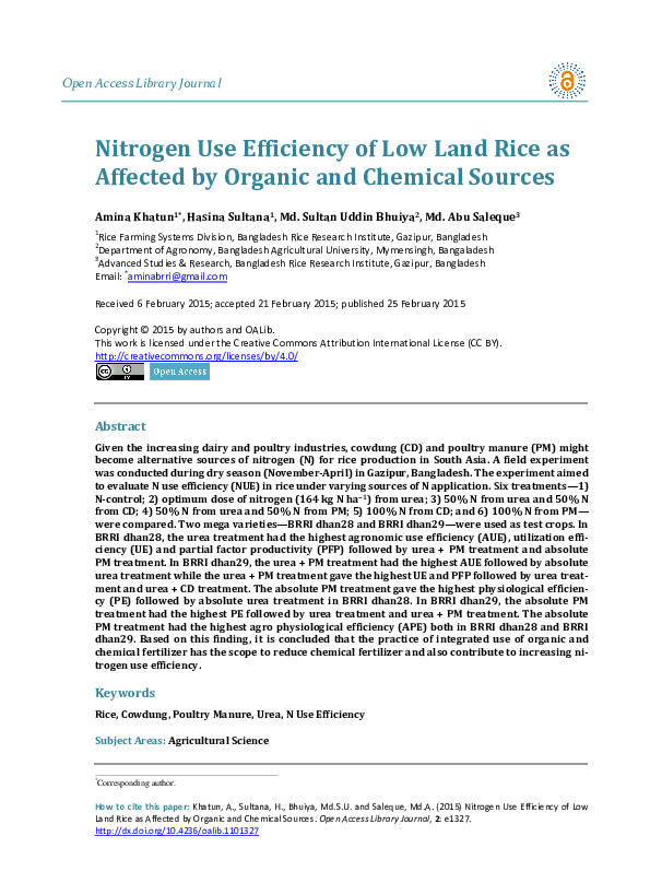 (PDF) Nitrogen Use Efficiency of Low Land Rice as Affected by Organic ...
