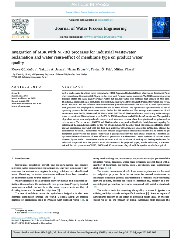 Integration of MBR with NF/RO processes for industrial wastewater reclamation and water reuse ...