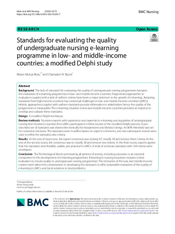 (PDF) Standards for Evaluating the Quality of Undergraduate Nursing Elearning Programme in Low ...