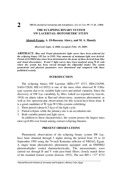 (PDF) The eclipsing binary system SW Lacertae: hotometric study | Ahmed Essam - Academia.edu