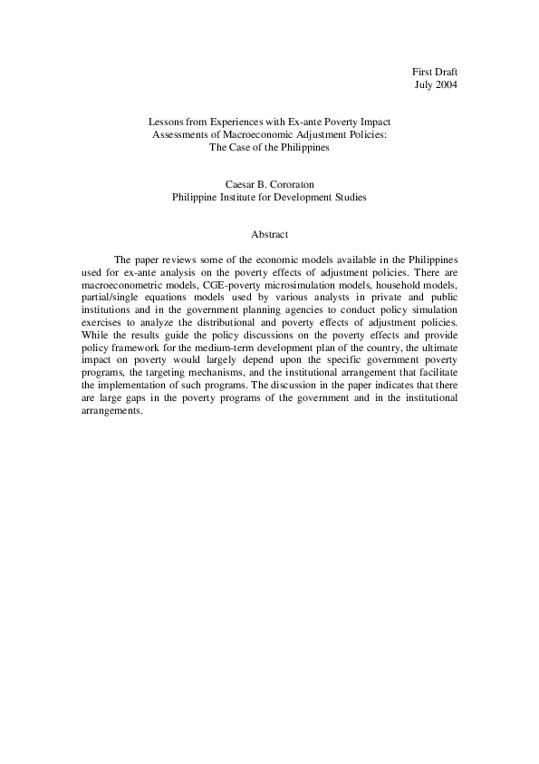 (PDF) Lessons from Experiences with Exante Poverty Impact Assessments ...