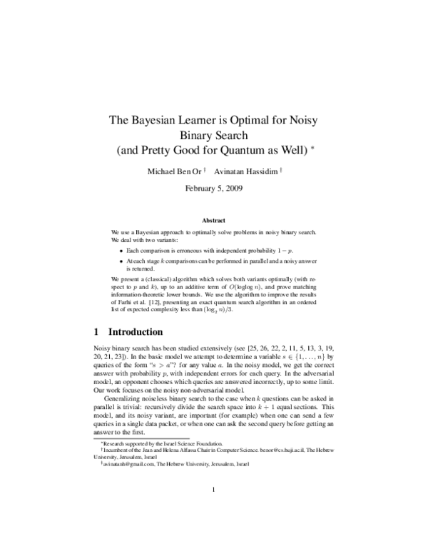 (PDF) The Bayesian Learner is Optimal for Noisy Binary Search (and Pretty Good for Quantum as Well)