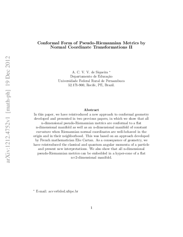 Pdf • Conformal Form Of Pseudo Riemannian Metrics By Normal