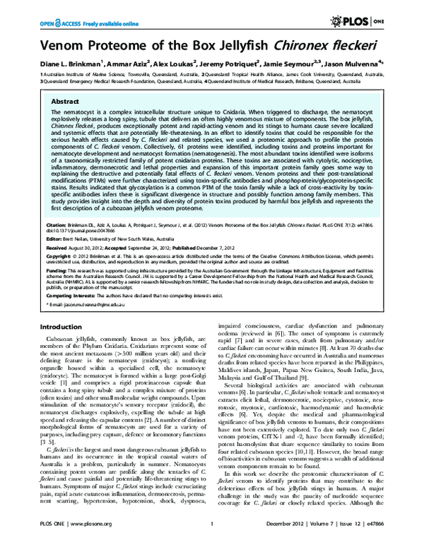 (PDF) Venom Proteome of the Box Jellyfish Chironex fleckeri