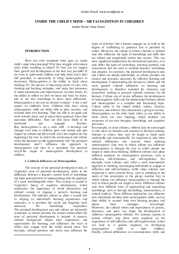 (DOC) INSIDE THE CHILD'S MIND ~ METACOGNITION IN CHILDREN