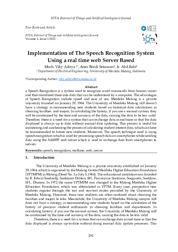 Pdf Implementation Of The Speech Recognition System Using A Real Time Web Server Based