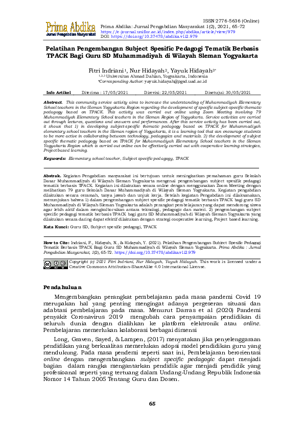 (PDF) Pelatihan Pengembangan Subject Spesific Pedagogi Tematik Berbasis TPACK Bagi Guru SD ...