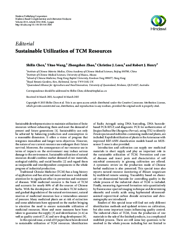 (PDF) Sustainable Utilization of TCM Resources