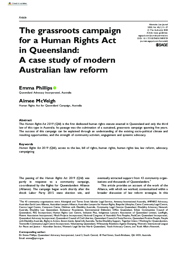 (PDF) The grassroots campaign for a Human Rights Act in Queensland: A ...