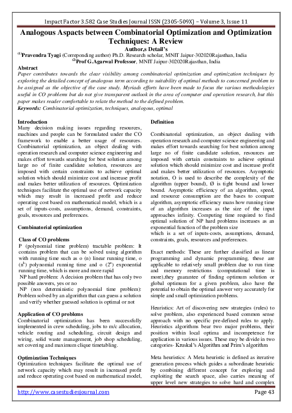 Pdf Analogous Aspacts Between Combinatorial Optimization And Optimization Techniques A Review