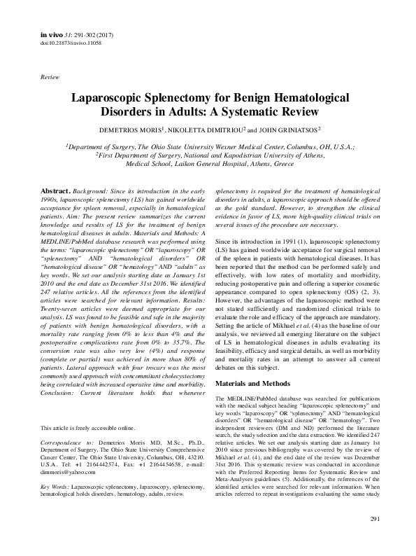 (PDF) Laparoscopic Splenectomy for Benign Hematological Disorders in ...