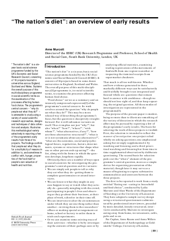 (PDF) “The nation’s diet”: an overview of early results