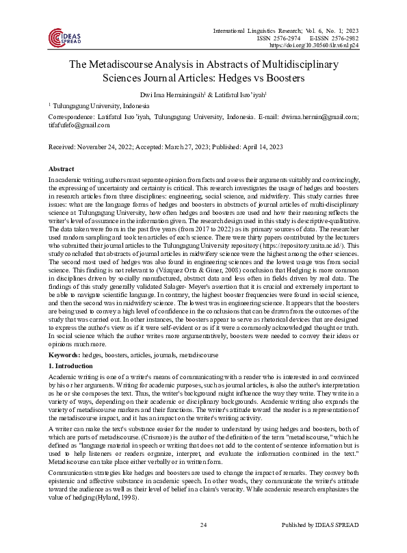 (PDF) The Metadiscourse Analysis in Abstracts of Multidisciplinary Sciences Journal Articles ...
