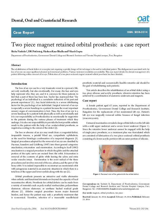 (PDF) Two piece magnet retained orbital prosthesis: a case report