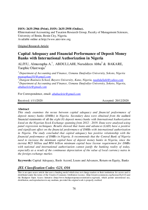 (PDF) Capital Adequacy and Financial Performance of Deposit Money Banks with International ...