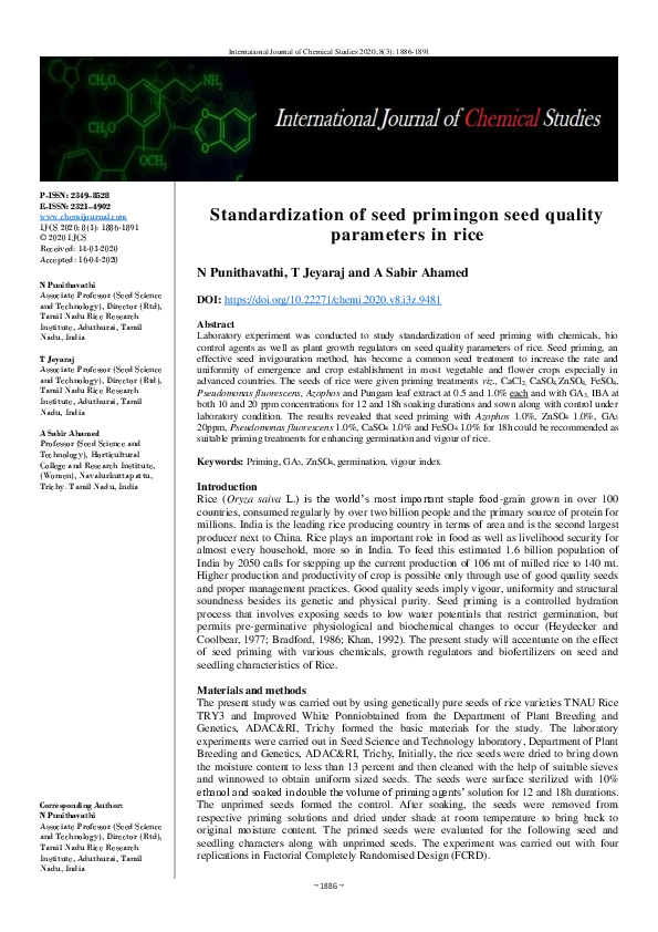 (PDF) Standardization of seed primingon seed quality parameters in rice
