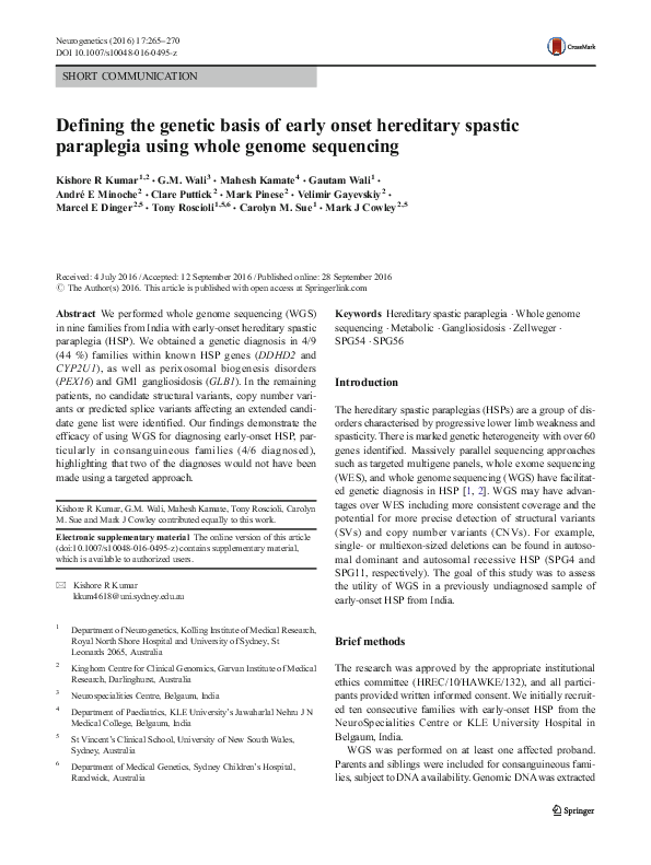 (PDF) Defining the genetic basis of early onset hereditary spastic ...