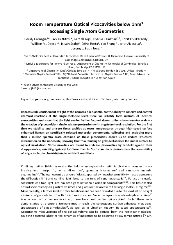 (PDF) Room-Temperature Optical Picocavities below 1 nm3 Accessing ...