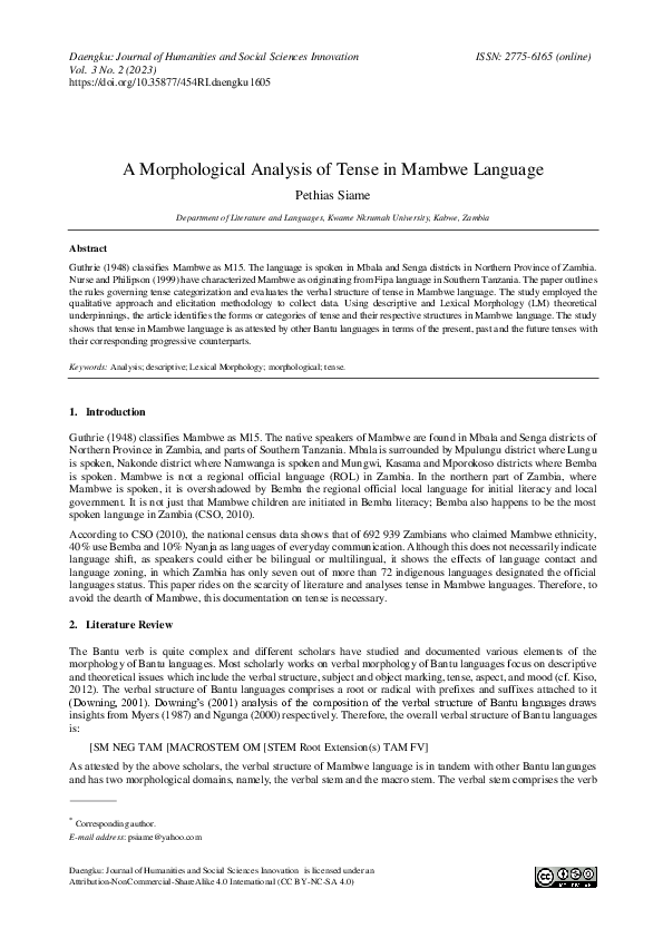 (PDF) A Morphological Analysis of Tense in Mambwe Language