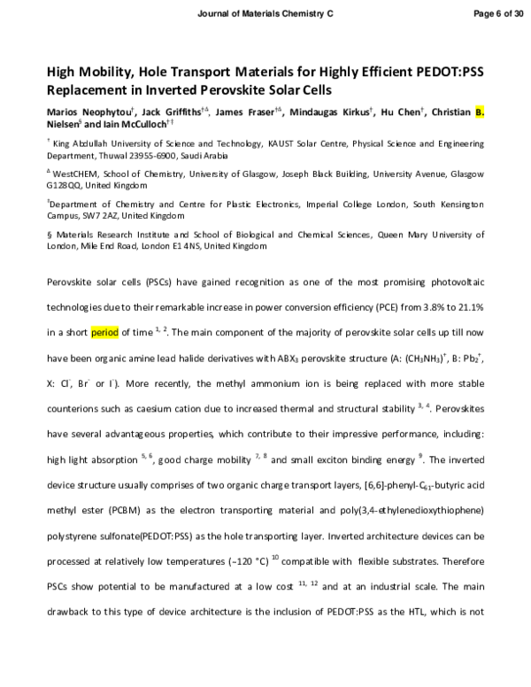 (PDF) High mobility, hole transport materials for highly efficient PEDOT:PSS replacement in ...