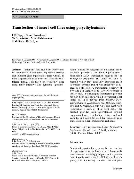 (PDF) Transfection of insect cell lines using polyethylenimine