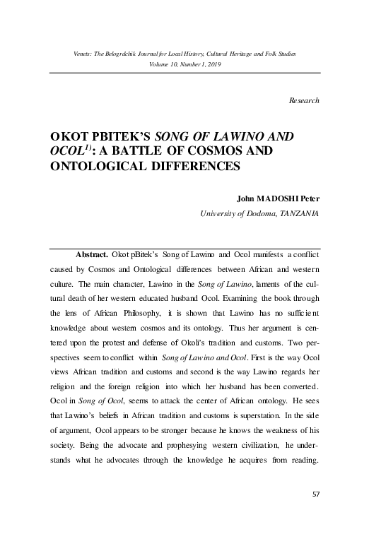 (PDF) Okot Pbitek’s Song of Lawino and Ocol: A Battle of Cosmos and ...