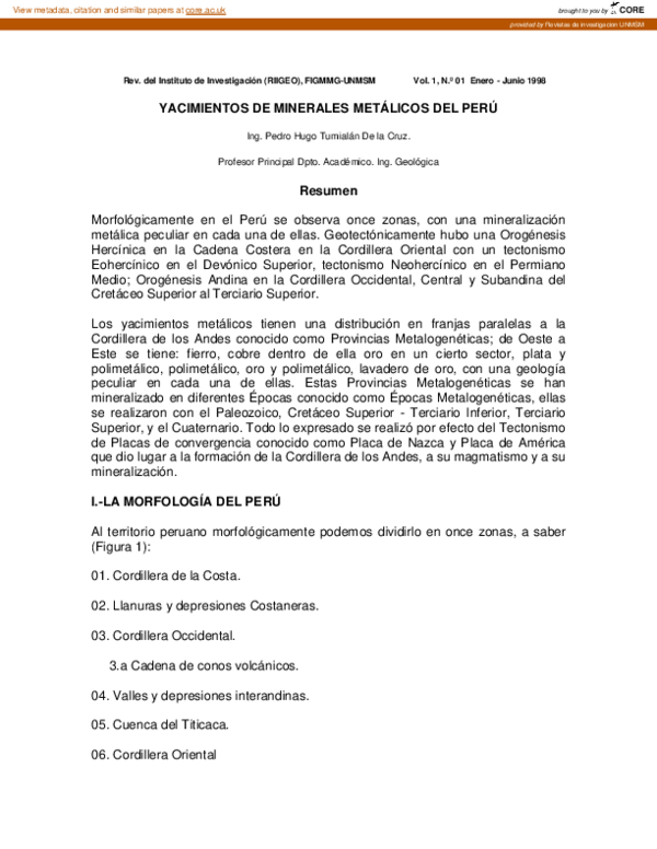 (PDF) Yacimientos de minerales metálicos del Perú | Henry Vera Cruz - Academia.edu
