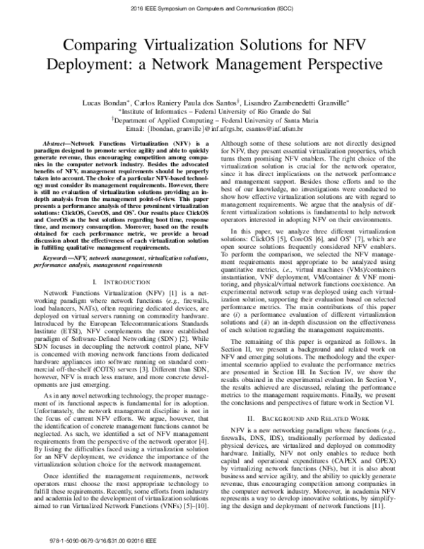 (PDF) Comparing virtualization solutions for NFV deployment: A network management perspective